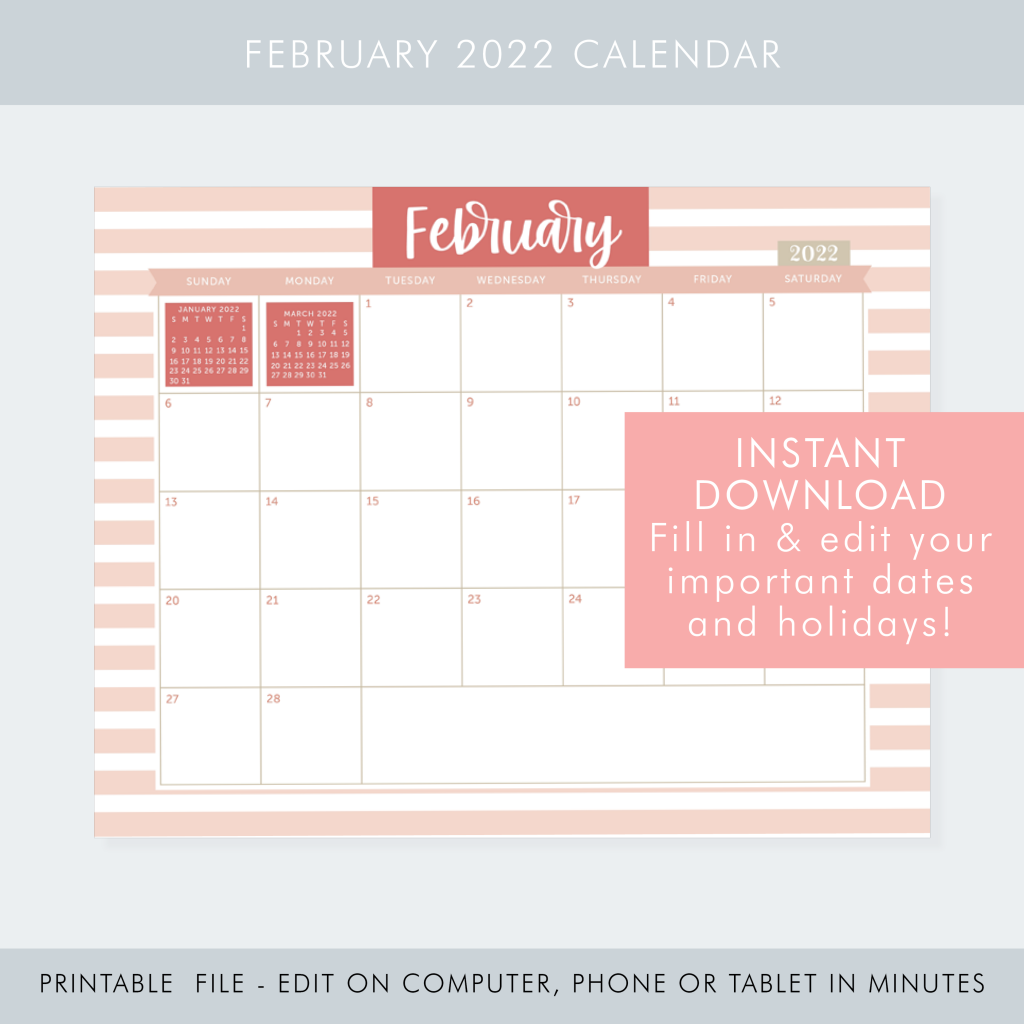 February 2022 Printable Editable Calendar