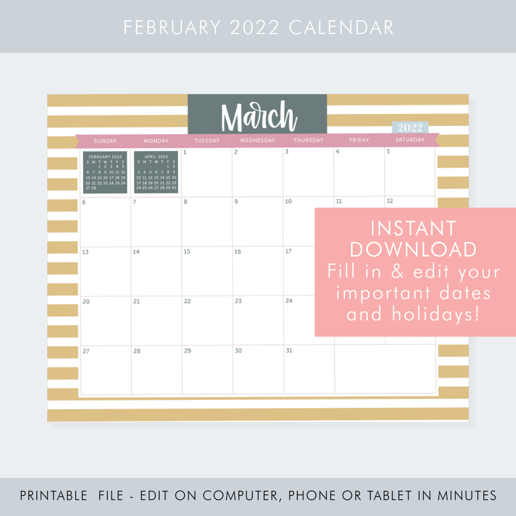 March 2022 Printable Editable Calendar